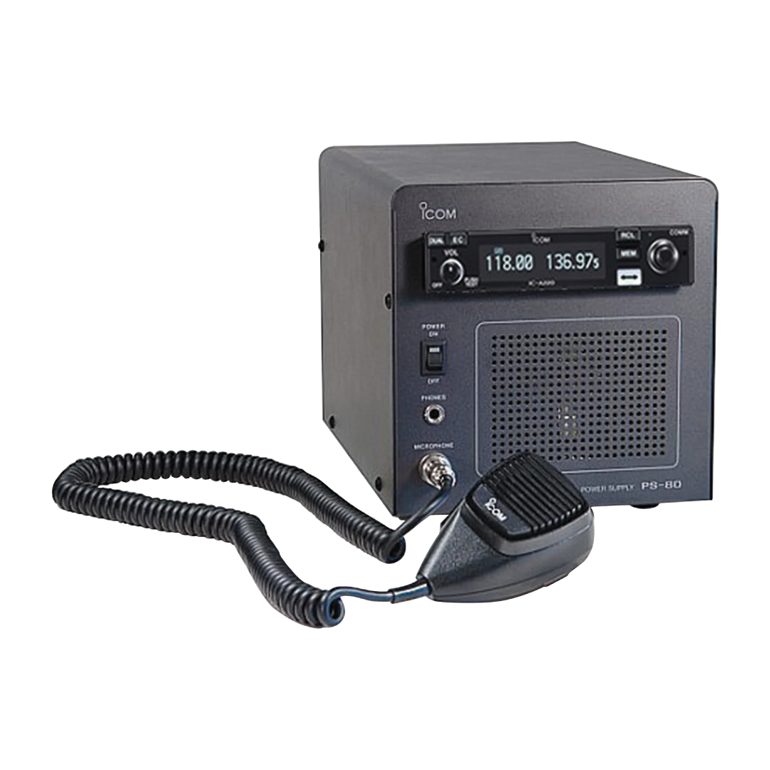 Radio móvil aéreo base IC-A220b con fuente de poder PS-80 incluida.
